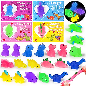 Thremhoo 26 Packs Mochi Valentine Cards for Kids Classroom Glow In The Dark Dinosaur Toys Bulk Valentines Day Gifts Kids School Exchange Preschool Toddler Valentines Day Gift Card Fidget Toys