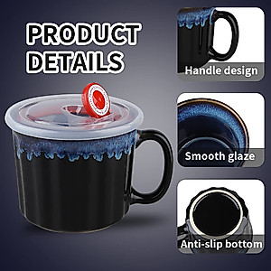 KOOV 20 Ounce Soup Mugs with Handles and Lids Microwave Safe, Ceramic Soup Bowls with Lids, Large Meal Mug Set of 4, Reactive Glaze (Nebula Blue)