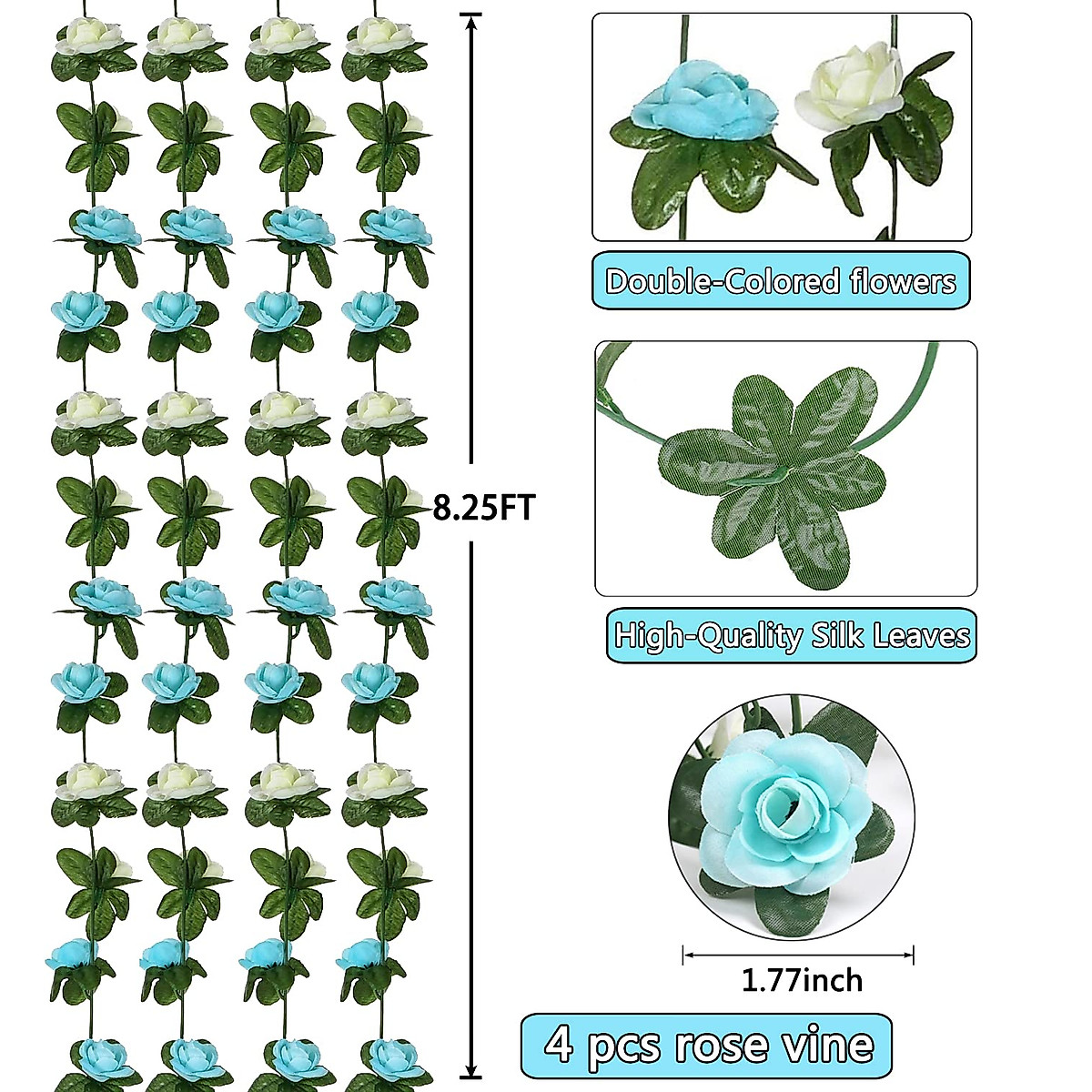 WEISPARK Fake Flowers - 4pcs 8.2 FT Artificial Rose Vine Flower Plants Hanging Rose Ivy for Home Hotel Office Wedding Party Garden Craft Art Décor (Blue&White)