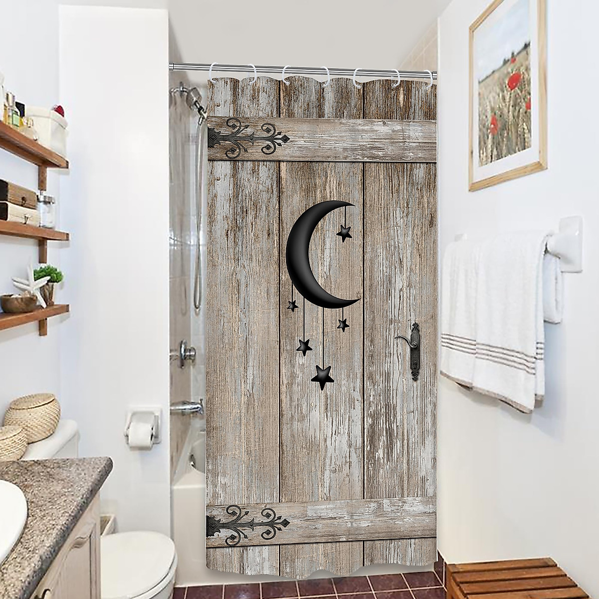 Riyidecor Rv Half Barn Door Shower Curtain 36Wx72H Inch Small Stall Country Single Shower Curtains Rustic Door Curtains Farmhouse Moon Star Farm Bathroom Decor Fabric Polyester Waterproof 7 Pack Hooks