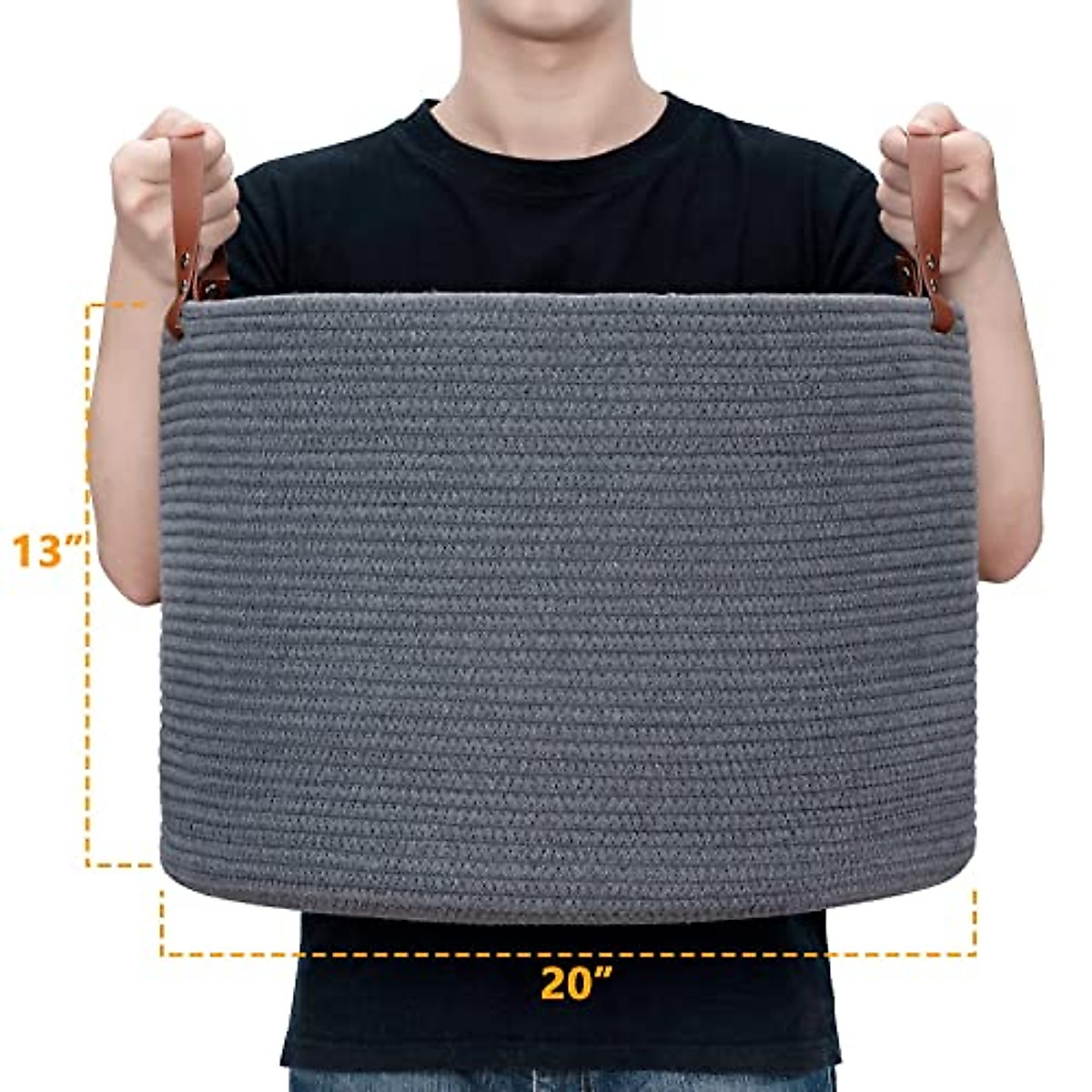 Large Baskets for Storage Cotton Rope Basket Laundry Basket Hamper- Hombins Woven Toy Bin Blanket Holder XXL Grey Collapsible Laundry Basket with Leather Handle, 20"X20"X13"