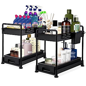 UBeesize 2 Pack Bathroom Organizer Basket Drawers, Slide Out Under Sink Cabinet Organizers and Storage for Bathroom Countertop Bathroom Sink Organizer with Hooks and Cups,Pull Out Under Sink Shelf