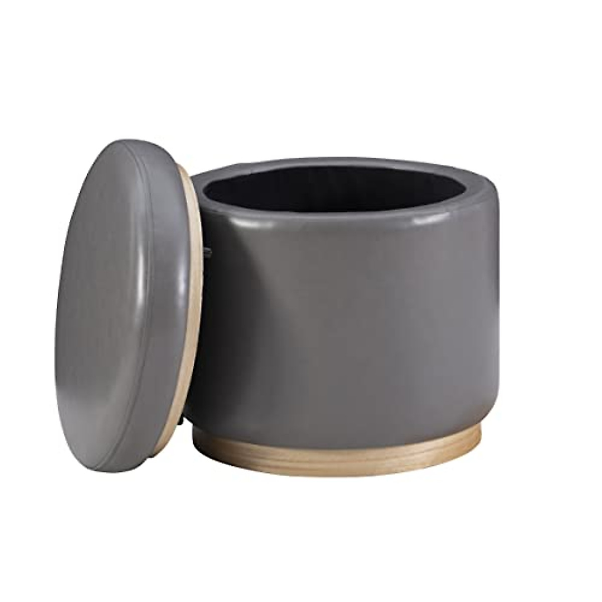 Linon Lexington Grey Faux Leather Round Storage Ottoman with Wood Accent