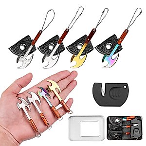 Ruksifg Mini Knife Set Tiny Knife Mini Axe for Package Opener, Letter Opener, Collection, Mini Knives Set with Sheath and Sharpener(Mixed Color-4Pcs)