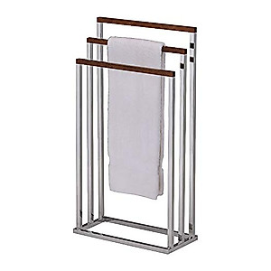 Pilaster Designs Preston Chrome Metal and Walnut Wood Transitional 3 Tier Freestanding Bathroom Towel Rack Organizer