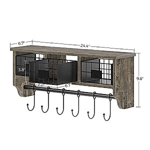 Rolanstar Wall Mounted Shelf with Hooks, Entryway Organizer Shelf with Storage Basket, Wall Mount Coat Rack with 6 Hooks, 24”Coffee Bar Hanging Shelf for Living Room,Bathroom,Kitchen,Grey