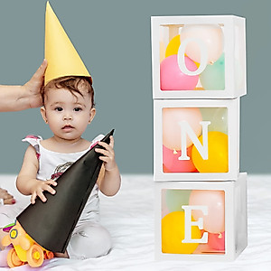 First Birthday Balloons Boxes for Boy or Girl 'ONE' Letters Individual Three White Transparent Square Boxes Baby 1st Birthday Party Decorations Backdrop Photo Shoot Prop