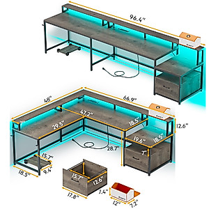 SEDETA L Shaped Desk, 66" Home Office Desk with File Drawer and Power Outlet, Corner Computer Desk with Monitor Shelf, Printer Storage Shelves, Gaming Desk with Led Lights, Two Person Desk, Walnut