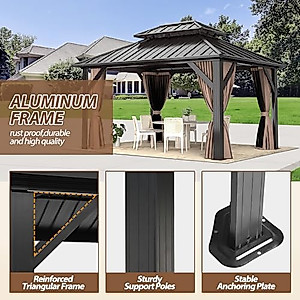 Raysfung 10 X 12ft Hardtop Gazebo, Galvanized Steel Double Roof Gazebo with Nettings and Curtains, Outdoor Aluminum FrameVertical Stripes Roof Permanent Pavilion for Patio, Backyard, Lawns