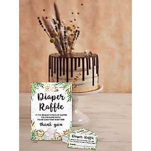 Diaper Raffle Baby Shower Game Set(1 Standing Sign + 50 Guessing Cards), Safari Diaper Raffle Tickets for Baby Shower, Jungle Baby Shower Party Favor Decor - A16