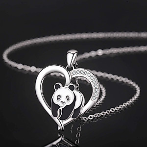 PRAYMOS 925 Sterling Silver Panda Necklace Gifts Heart Pendant Jewelry Birthday Christmas Gifts Women