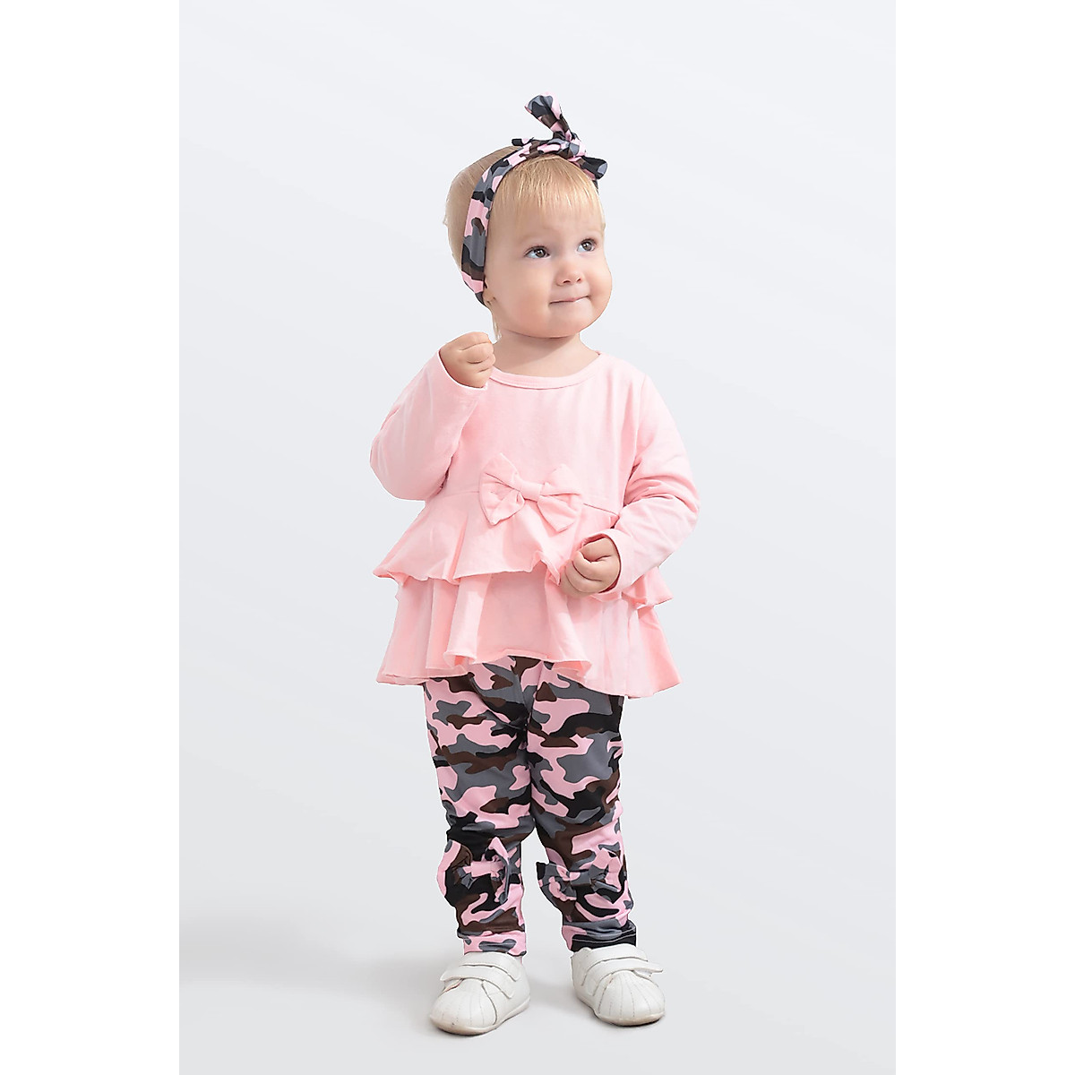 XUANHAO 12-18 Month Girl Clothes Girl Clothing Fall Winter Cute Long Sleeve Pant Sets Ruffle Tops Camouflage Pants Baby Clothes Girl 12-18 Months