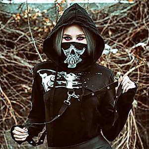 Cropped Hoodie Rave Goth Crop Tops for Women Sexy Black Skeleton Masks Sweatshirts Long Sleeve Cute Pullover Sweaters Chain