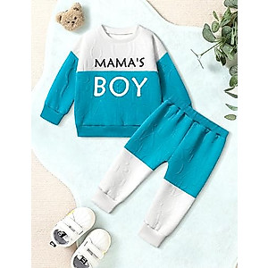 ADIFUN toddler Boy Clothes 2t-3t boys sweatshirt Outfits Fall Winter clothes baby boy's clothing MAMA'S BOY white blue Color Block Long Sleeve 2Pcs