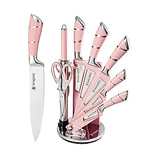 Kitchen Knife Set, Retrosohoo 9-Pieces Pink Sharp Non-Stick Coated Chef Knives Block Set ,Stainless Steel Knife Set for Kitchen with Sharpener for Cutting Slicing Dicing Chopping (Pink)