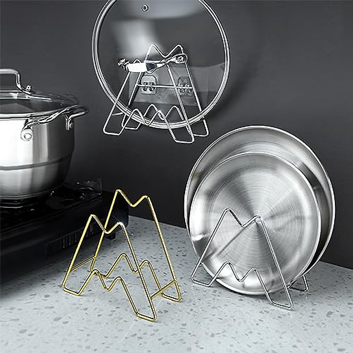 UWAYEXRA Pot Lid Organizer,2-Piece Gold Pan Lid | Plate Holder, Minimalist Style Dual-purpose desktop and wall Kitchen Organizers Nail-free