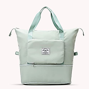 Holygloomy Large Capacity Folding Travel Bag, Lightweight Waterproof Foldable Tote Bag, Dry and Wet Separation Sports Shoulder Bag, Green, 41x28x22cm