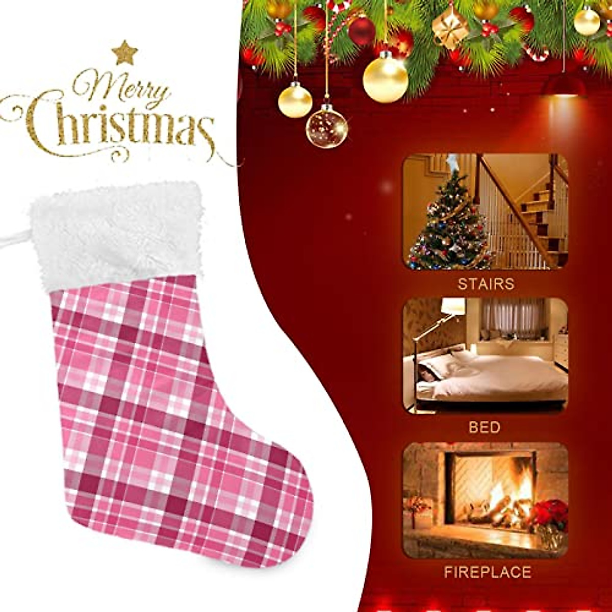 Kigai Christmas Stockings Pink Buffalo Plaid Large Candy Stockings Stuffers Kids Cute Xmas Sock Decorations 1PC for Home Holiday Party 12" x18"