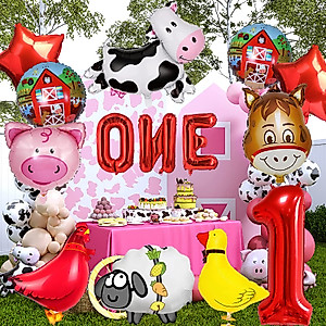 14 PCS Farm Animal Balloons Cow Sheep Duck Rooster Pig Donkey Balloons Barnyard Balloon Supplies with Large Number 1 Foil Balloon for Farm Animal Theme 1st Birthday Party Decor Supplies