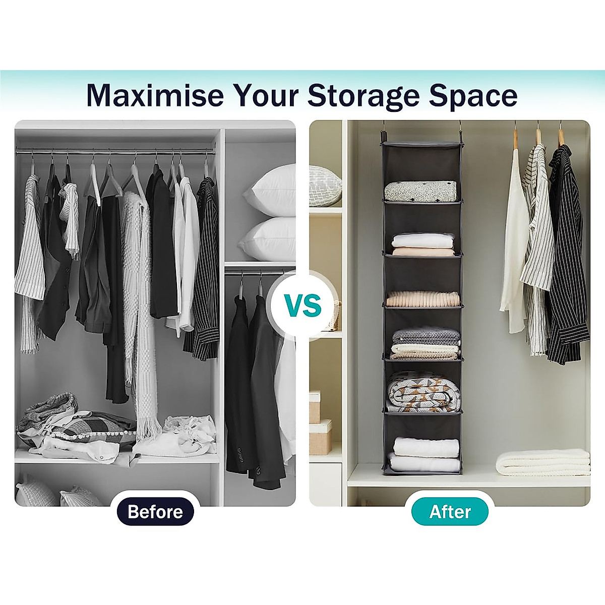 YOUDENOVA Hanging Closet Organizer, 6-Shelf Closet Hanging Shelves, Grey