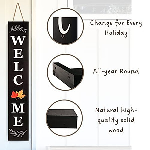 Perfnique Interchangeable Welcome Sign for Front Porch Standing, 47 x 7.9 Inch Black Wooden Leaner Sign with 10 Interchangeable Designed Icons(5 double sided disks), Modern Farmhouse Rustic Seasonal Decor for Summer American Y‘all Fall Christmas