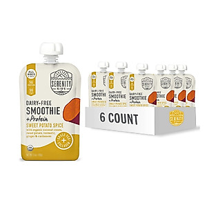 Serenity Kids 6+ Months Dairy-Free Smoothie Baby Food | USDA Organic | Grass Fed Collagen Protein | 3.5 Ounce BPA-Free Pouch | Sweet Potato Spice | 6 Count