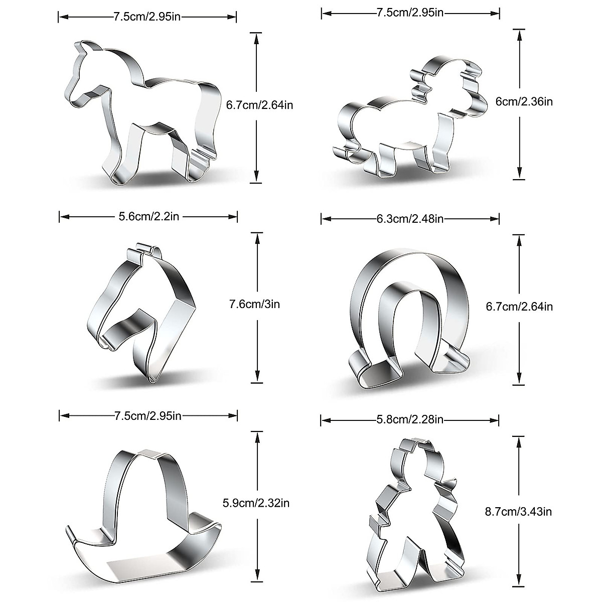 Horse Cowboy Cookie Cutters Shapes Baking Set, 6 Pieces Stainless Steel Metal Mold with Horse, Pony, Horse Head, Horseshoe, Cowboy, Cowboy Hat Cookie Cutter for Biscuit Pastry Fondant Gingerbread Cake