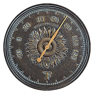 FirsTime & Co. Verdigris Calisto Sunflower Outdoor Wall Clock and Thermometer 2-Piece Set, Round, Waterproof Wall Clock for Patio, Home, Plastic, 16 x 1.12 x 16 inches