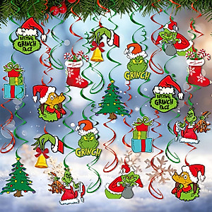 Grinch Party Decoration Merry Christmas Grinch Hanging Swirl Ceiling Decor Grinchmas Birthday Party Supplies 44 Pcs