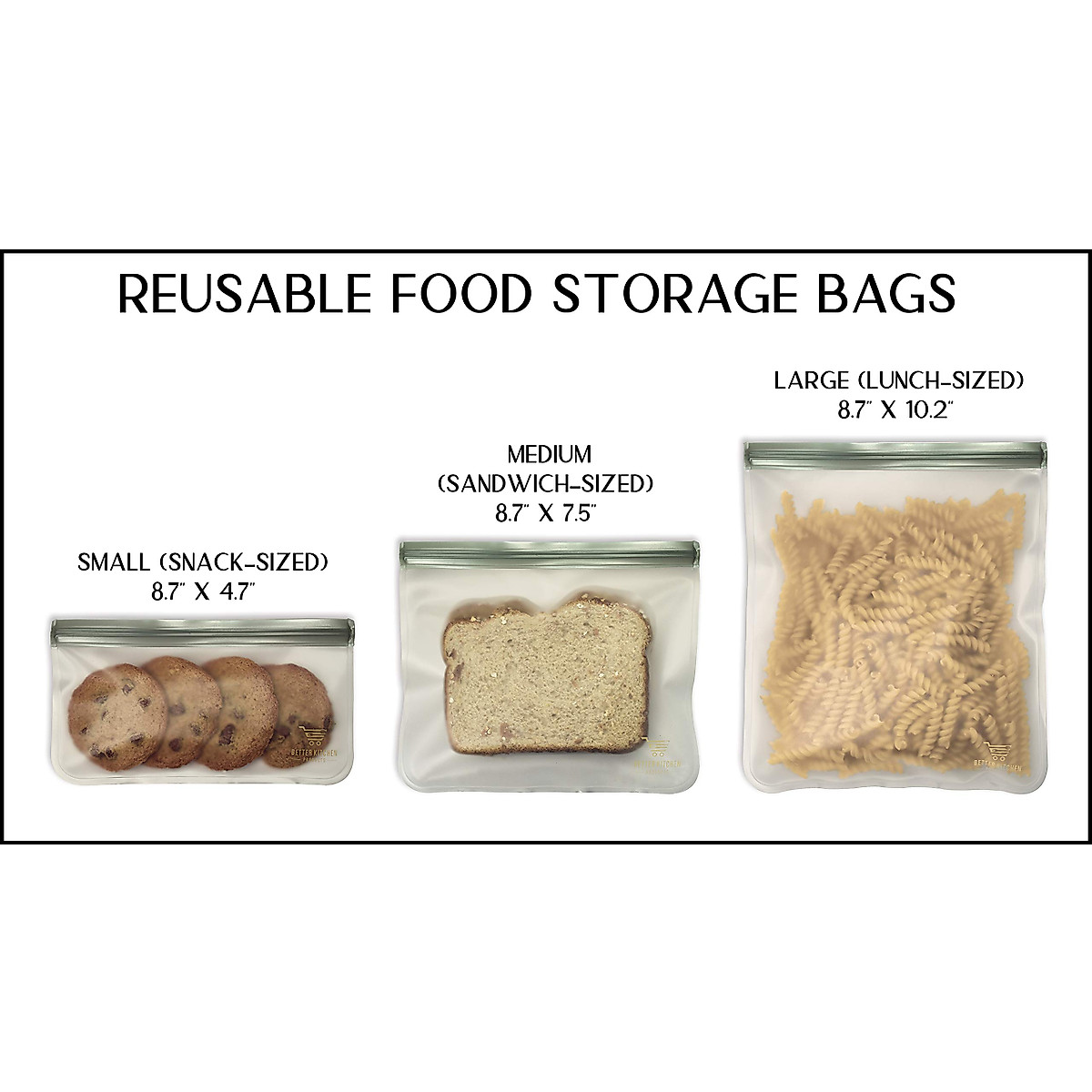 Lay Flat Reusable Clear Storage Bags, Set of 6 (4 Sandwich + 2 Snack), by Better Kitchen Products, with Double Zip Lock Closure, for Food, Travel, and General Use, Thick PEVA Material, TSA Conformity