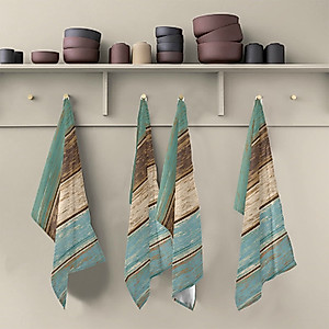 Teal Green Brown Wood Texture Kitchen Towel, Dish Towels Quick Drying Tea Towels Absorbent Hand Towels for Kitchen Sink Dinner Table 28 x 18 Inches, Set of 4