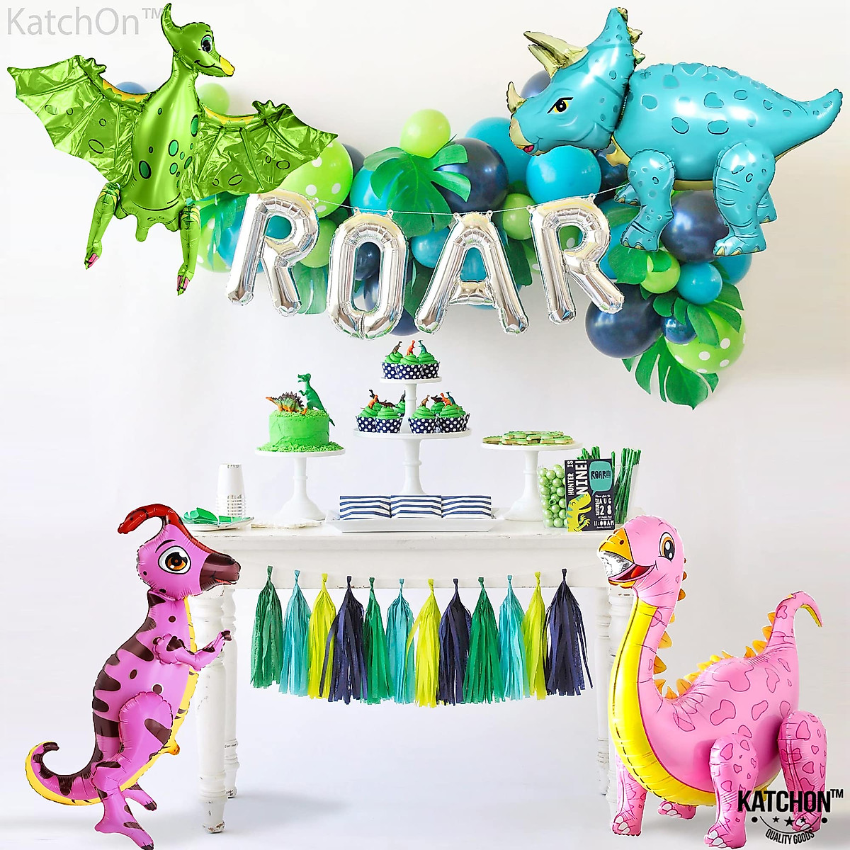 KatchOn, Large Pink Dinosaur Balloons for Birthday Party - Pack of 4 | Pastel Dino Balloons for Dinosaur Party Decorations | Dinosaur Birthday Party Supplies | Three Rex Birthday Decorations Girl