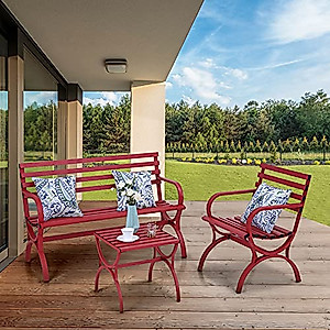 MFSTUDIO Outdoor Garden Patio Bench,Iron Metal Steel Frame Park Single Bench with Backrest and Armrest for Lawn,Porch,Backyard,Balcony-Red