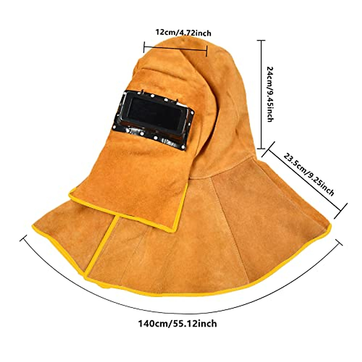Leather Welding Helmet Mask, Welder Mask with Solar Auto Darkening Filter Lens Breathable Welding Protective Mask Golden Cowhide Split Leather Welding Hood, Work Cap (Full Head)