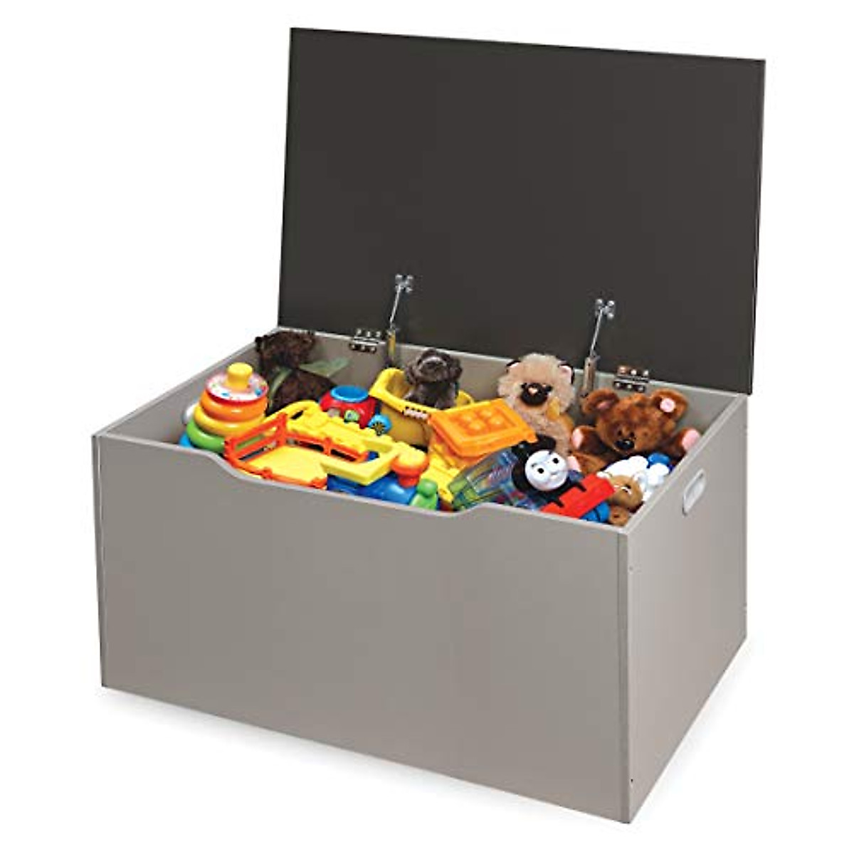 Badger Basket Flat-Top Toy Storage Chest in Grey with Charcoal Lid– Spacious, Safe Toy Box with Dual Safety Hinges and Anti-Pinch Slot