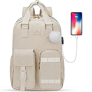 Backpack for Teens Girls, 15.6 Inch Cute Corduroy College School Computer Bookbag with USB Charging Port, TSA Lightweight Soft Travel Backpack Aesthetic Purse Bag for Women Nurse Teacher Work, Beige