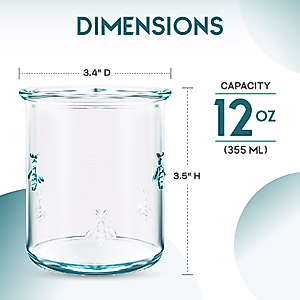 Amici Home Regina DOF Glass | 12 Oz | Italian Made, Recycled Green Glass | Drinking Glass with Embossed Bee Design for Water, Juice, Iced Tea, Cocktails (Set of 6)