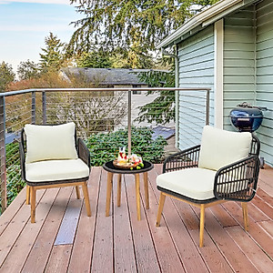 HAPPYGRILL 3 Pieces Acacia Wood Patio Bistro Set, Wicker Outdoor Furniture Set with Cushioned Chairs and Tempered Glass Side Table, PE Rattan Wicker Chair with Table for Porch, Balcony, Deck