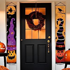 Halloween Pumpkin Porch Door Banners Decorations Pumpkin with Witch Hats Hanging Signs for Happy Halloween Outdoor Indoor Porch Decor for Front Door Outside Yard Welcome Home Wall Party Supplies