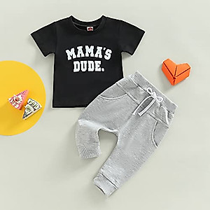 2PCS Baby Boy Summer Clothes Letter Printed Short Sleeve T Shirt Top Jogger Pants Toddlers Boy Summer Outfits (Black Grey MM, 12-18 Months)