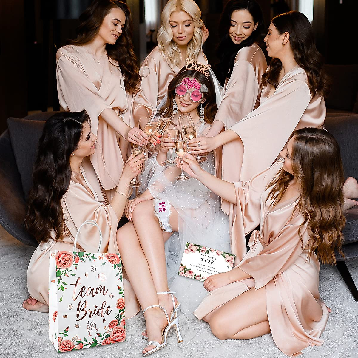 MOVINPE Bachelorette Party Accessories, Bride to Be Sash, Veil, Tiara, Sunglasses, Rhinestone Earrings, Kraft Gift Bags, Greeting Card, Wedding Garter, Pink Bridal Shower Party Decorations Supplies