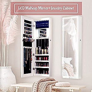 Ntufrest Jewelry Organizer, Touch LED Mirror Jewelry Cabinet,LED Wall/Door Mounted Jewelry Armoires for Women, Full Length Mirror with Jewelry Storage，Magnetic Lock