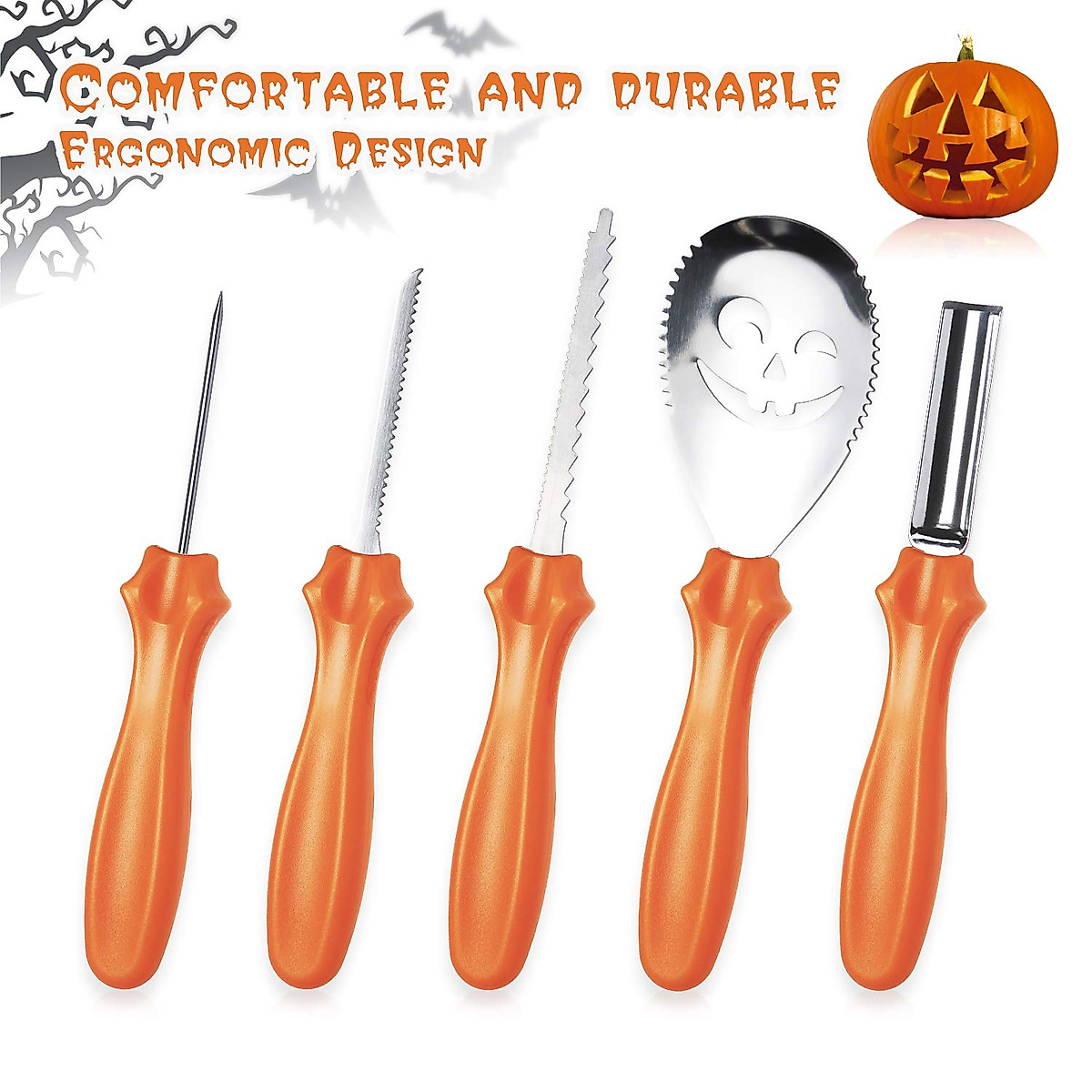ILEBYGO Pumpkin Carving Kit,11 Pcs Stainless Steel Professional Halloween Pumpkin Carving Tools, Pumpkin Carving Set with a Skull Storage Carrying Bucket