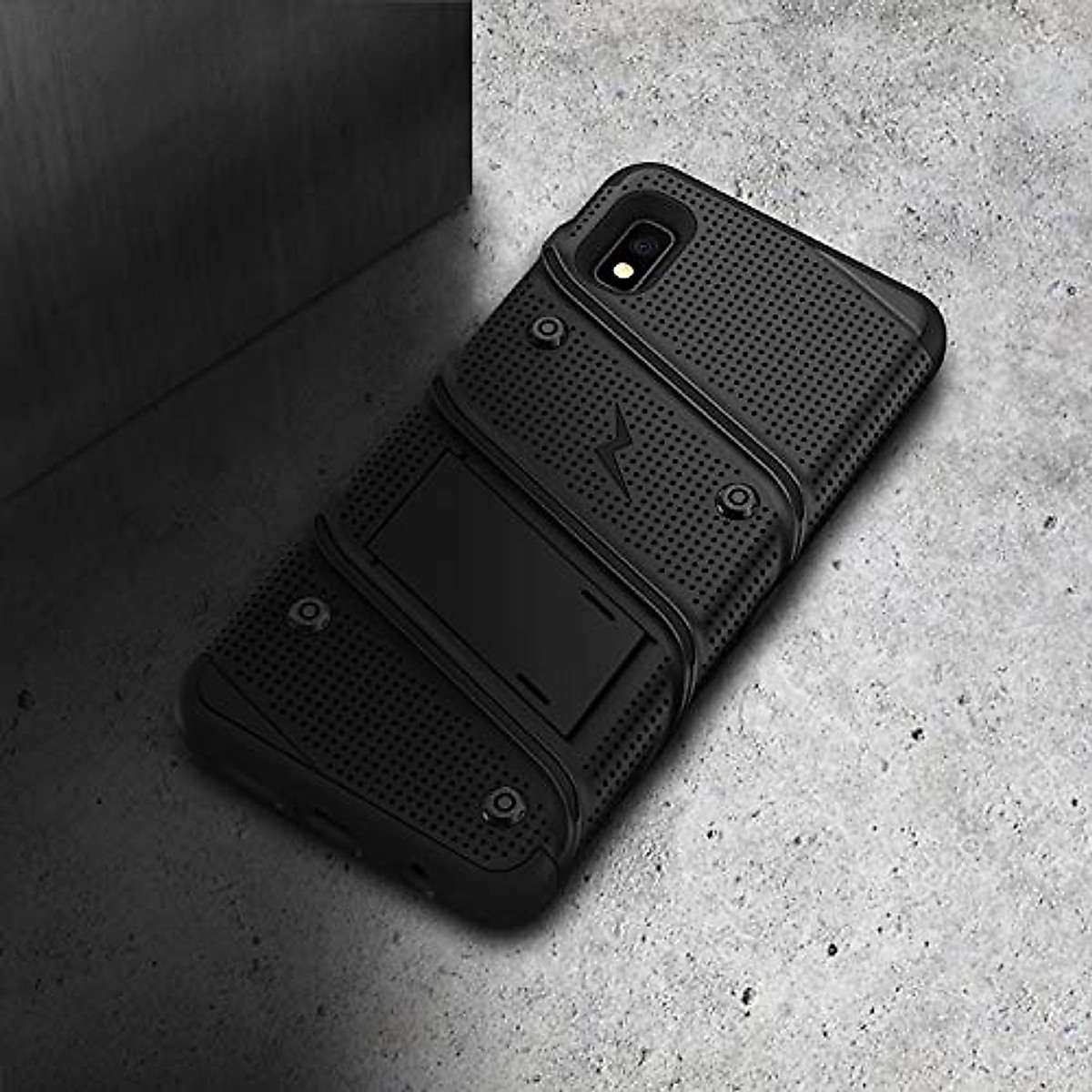 ZIZO Bolt Series for Samsung Galaxy A10e Case | Heavy-Duty Military-Grade Drop Protection w/ Kickstand Included Belt Clip Holster Tempered Glass Lanyard (Black/Black)