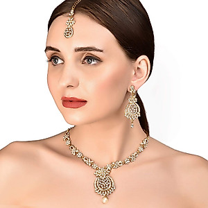 Touchstone Indian Hollywood white rhinestone bridal Designer jewelry necklace set in antique gold tone for women