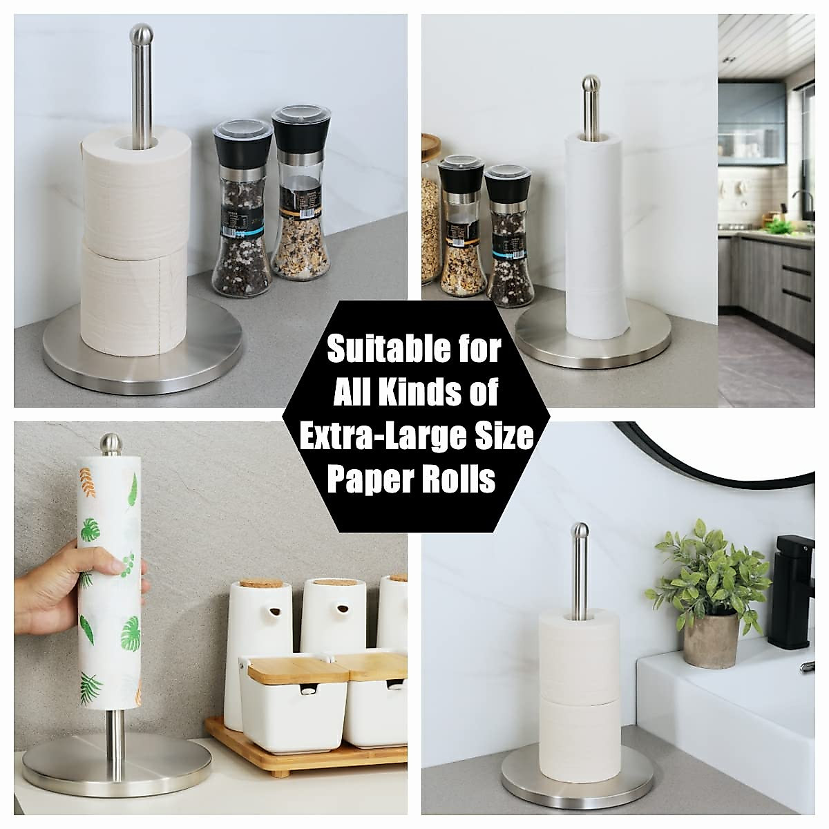 Alise Paper Towel Holder,Standing Paper Towel Roll Holder for Standard or Mega Rolls,Paper Towel Stand for Kitchen Counter Bathroom Table,SUS304 Stainless Steel Brushed Gold Finish