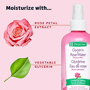 De La Cruz Rose Water and Glycerin Spray for Face - Rosewater Facial Toner and Moisturizer Mist for Skin and Hair 8 fl oz (236 mL)