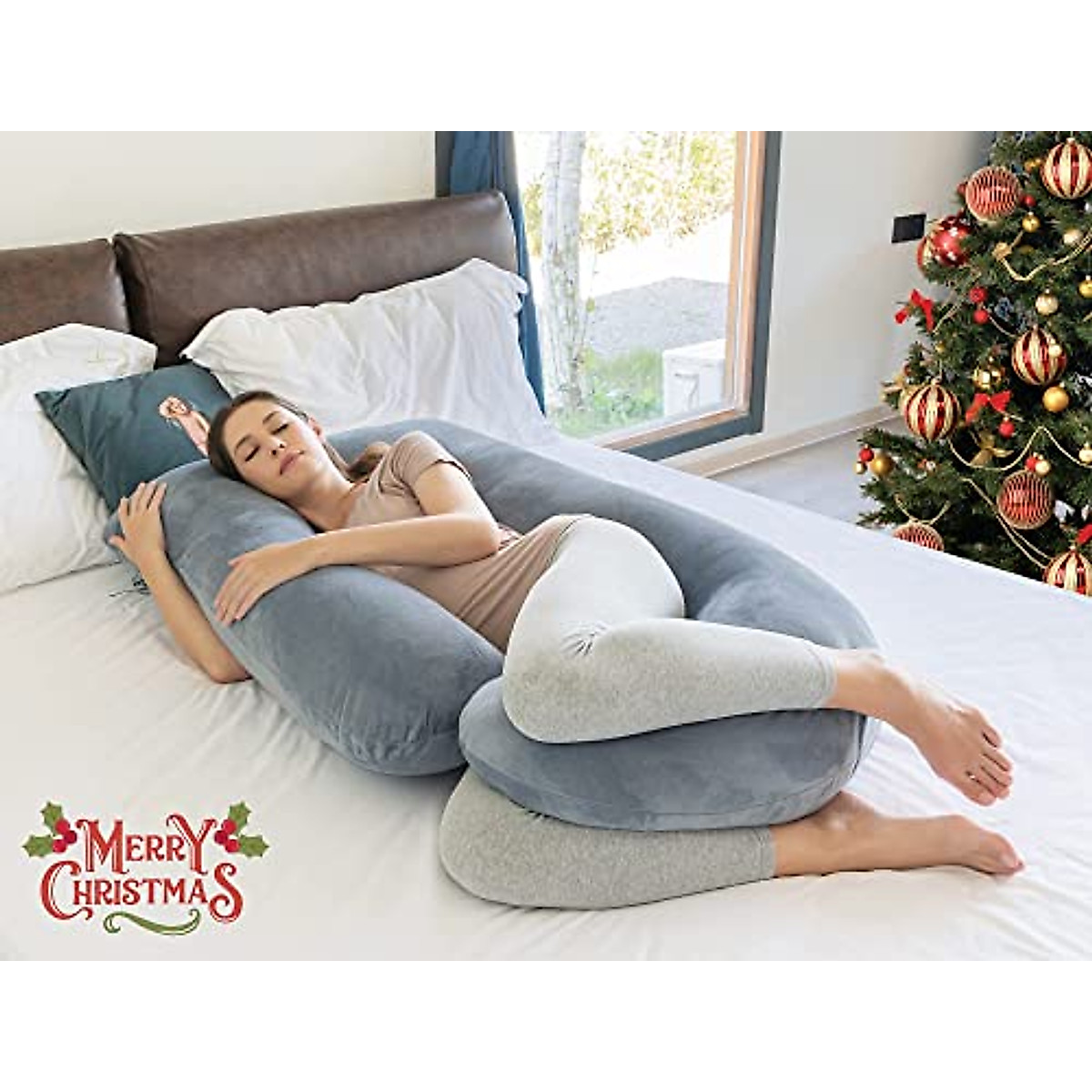 Wndy's Dream Pregnancy Pillow J Shaped Full Body Pillow with Velvet Cover, 60 inches Maternity Pillow for Pregnant Women Back, Legs and Belly Support