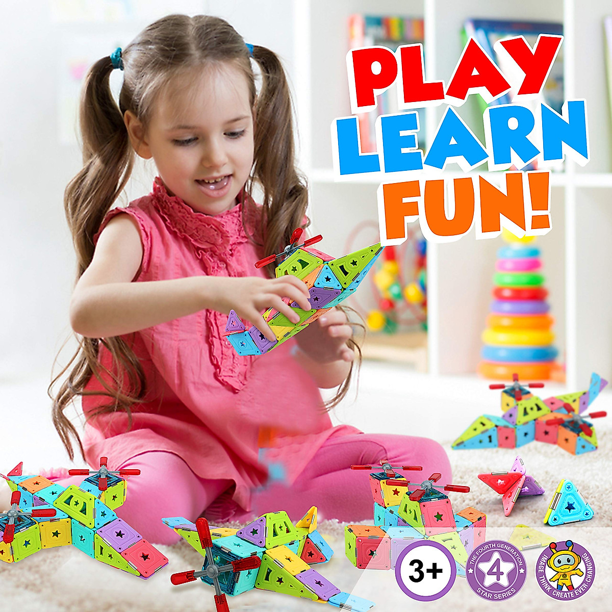 Magnetic Building Blocks For Kids - Preschool Learning Toys Shapes Block Educational Magnet Tiles Kids Toy Set - Durable Non-Toxic Magnetic Blocks For Toddlers 6 Months & Up - Hurtle HURBT74 (74 pcs)