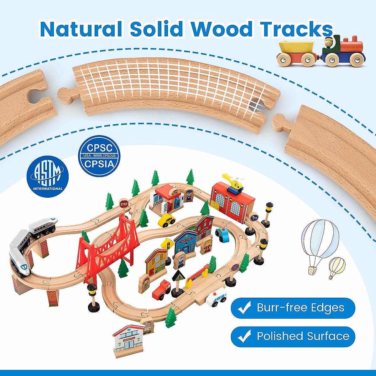 Costzon Train Table with 100 Multicolor Pieces, Wooden Kids Activity Table with Large Rolling Storage Drawer, Tracks, Cars, DIY Design, Train Set Table for Toddlers 3+, Gift for Boys Girls